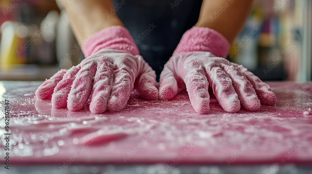 Close-up of a female cleaner's gloved hands in action, symbolizing hard ...
