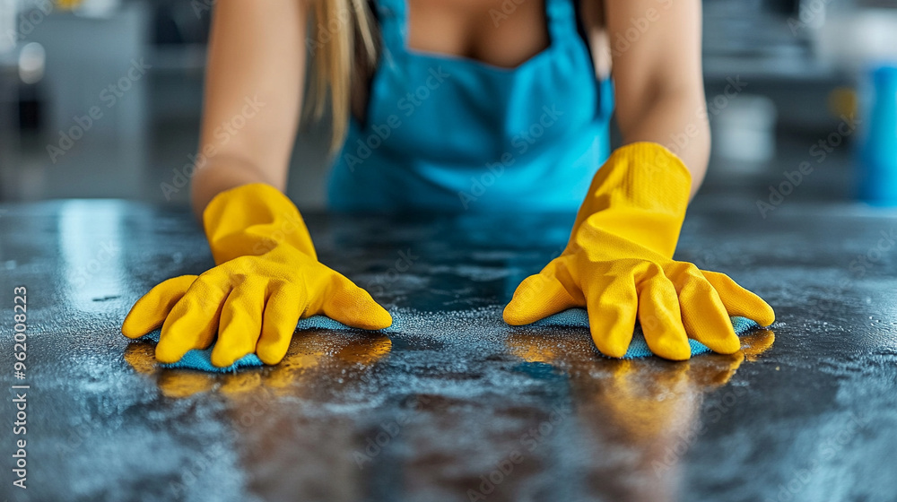Close-up of a female cleaner's gloved hands in action, symbolizing hard ...