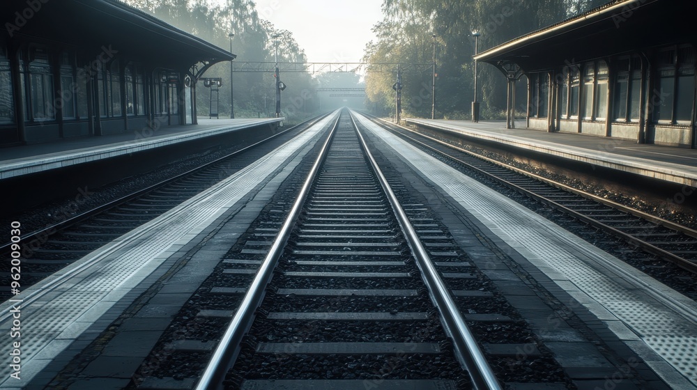 An empty train station with parallel railway tracks extending outward ...