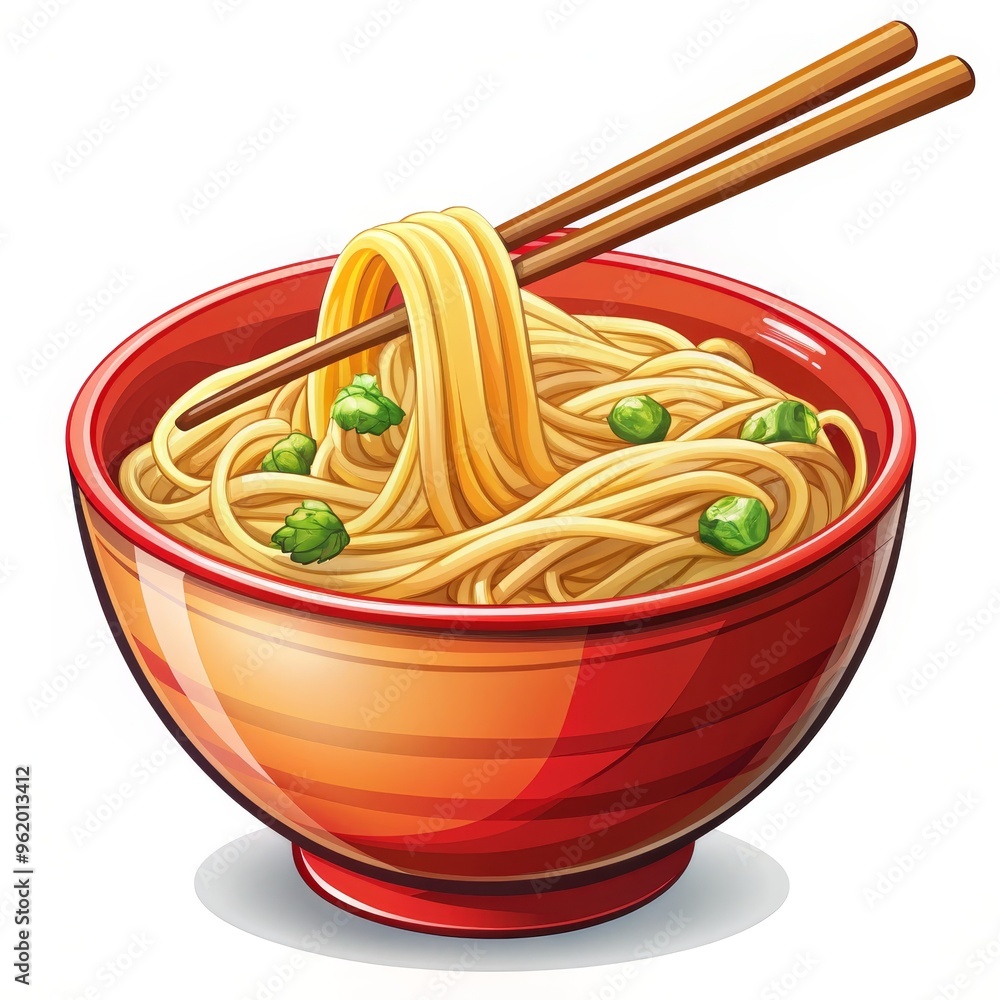 Cartoon Illustration of a Bowl of Noodles with Chopsticks, red bowl ...
