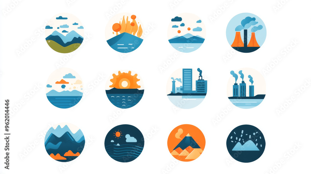 This icon set shows climate change issues like rising temperatures ...
