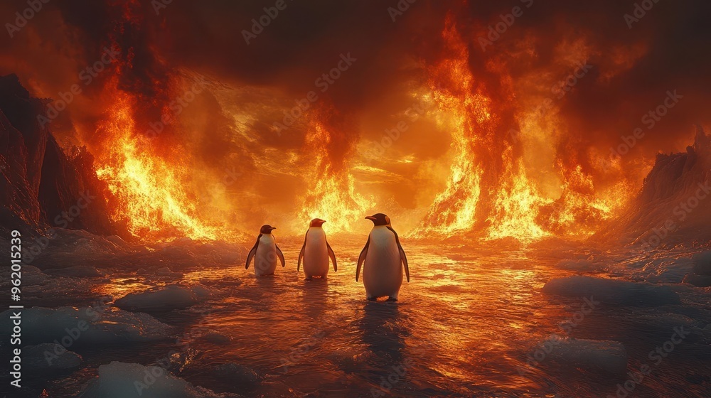 surreal scene of penguins navigating fiery landscape dramatic contrast ...