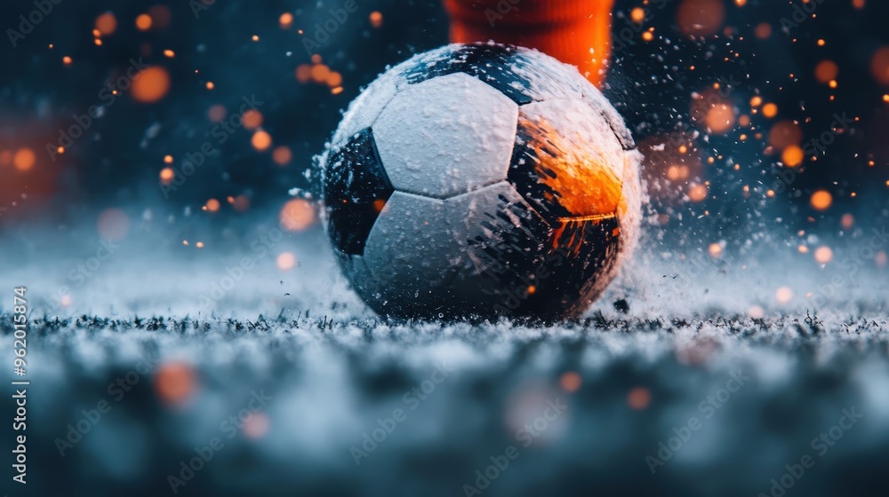 This photo captures a close-up view of a soccer ball slick with water ...