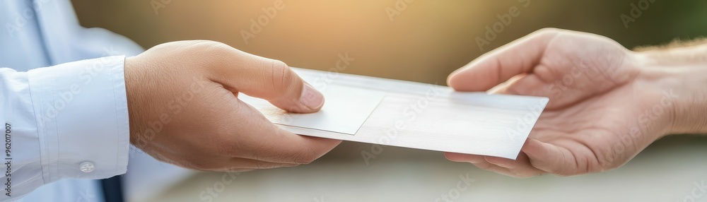 Person handing over a check while receiving a deed, payment and asset ...