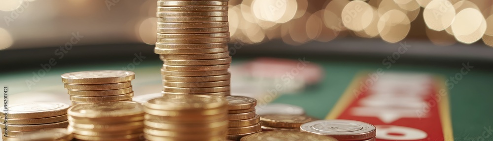 Roulette ball landing on a winning number, with stacks of cash and gold ...