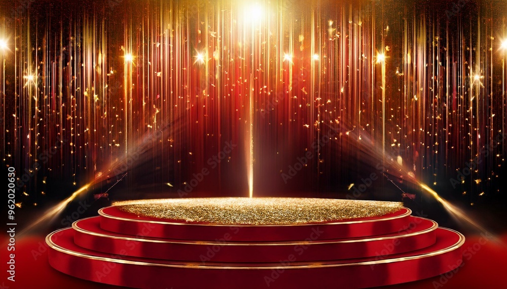 Glittering Red and Gold Stage with Sparkling Lights and Dark Background ...