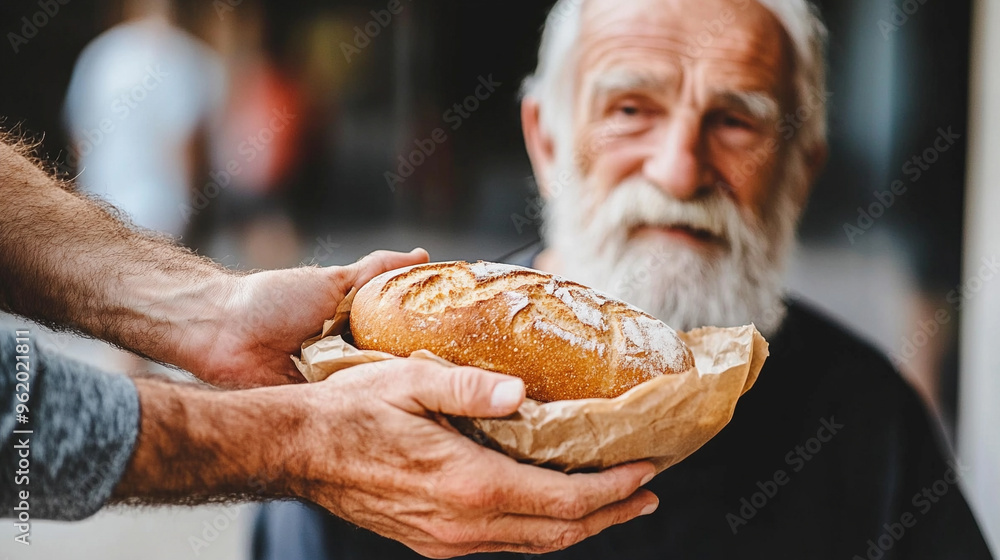 pair of volunteer hands offering bread to a homeless man in need. This ...