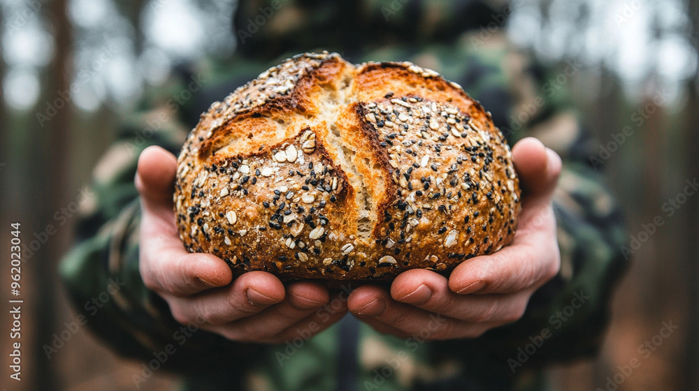 pair of volunteer hands offering bread to a homeless man in need. This ...