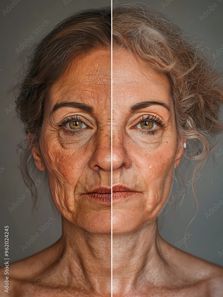 A woman's face split in two, showing two different ages. The left side ...