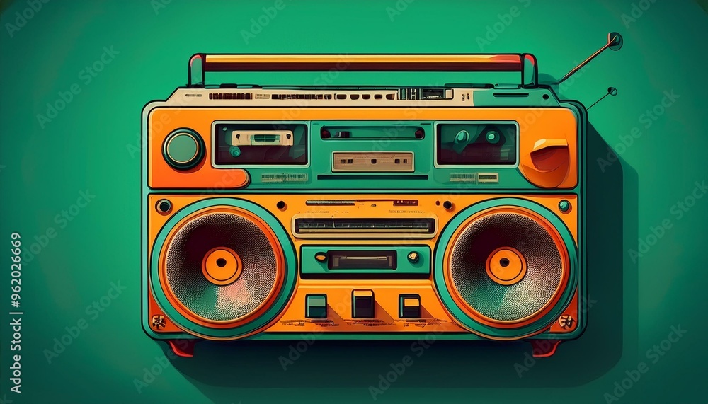 Vintage 1980s Audio Cassette Boom Box Isolated on Green Background ...