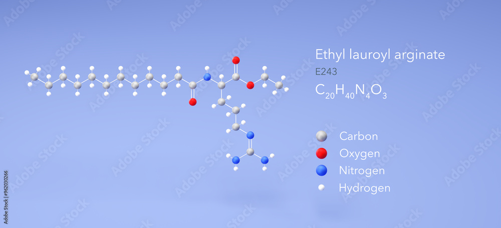 ethyl lauroyl arginate molecule, molecular structure, e243, 3d model ...