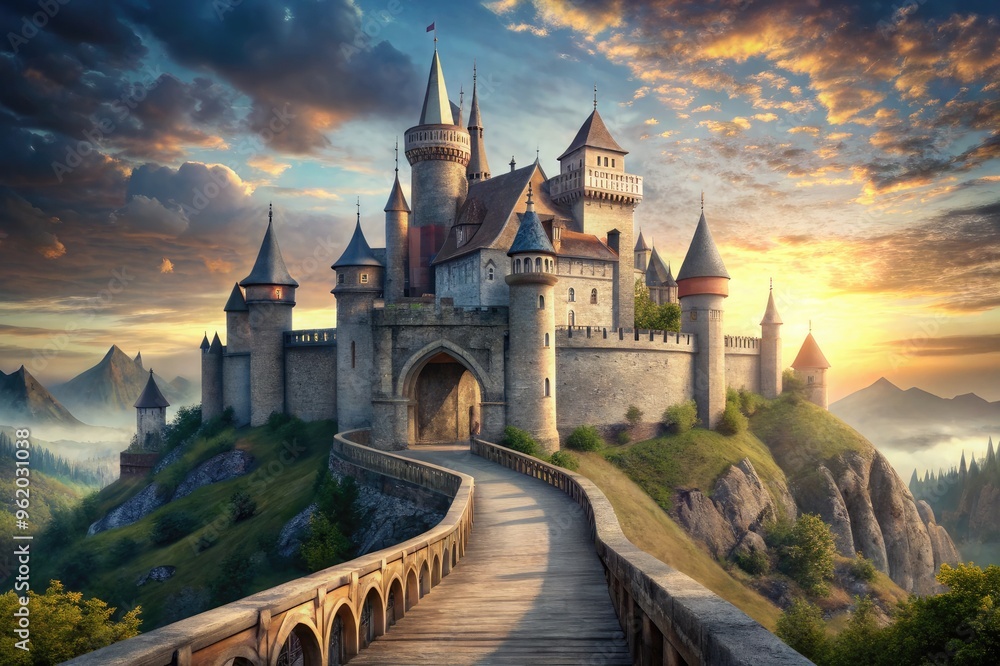 A fantasy-style castle perched on a hill with a drawbridge leading to a ...