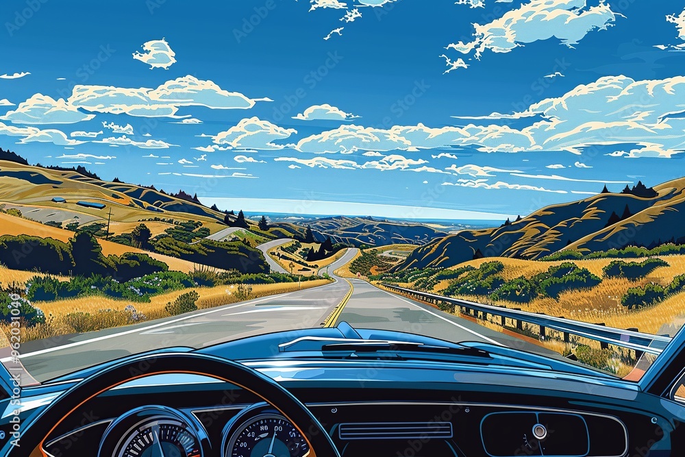 A dynamic point-of-view scene from inside a car driving along a scenic ...