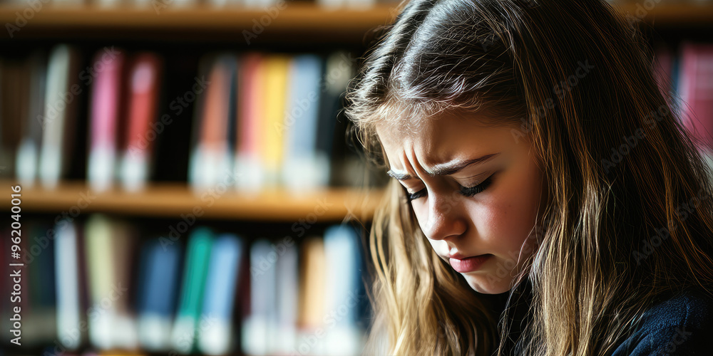 Sad tired girl student on the background of bookshelves and books in ...