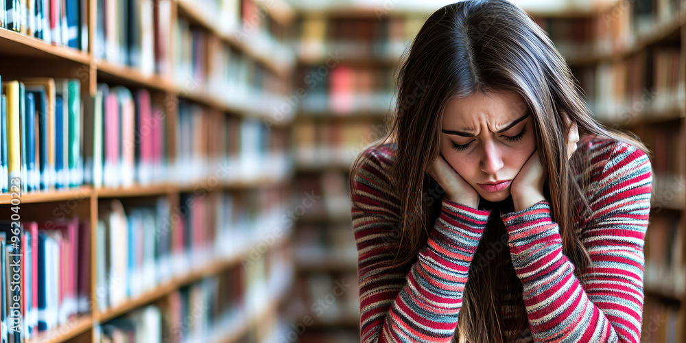 Sad tired girl student on the background of bookshelves and books in ...