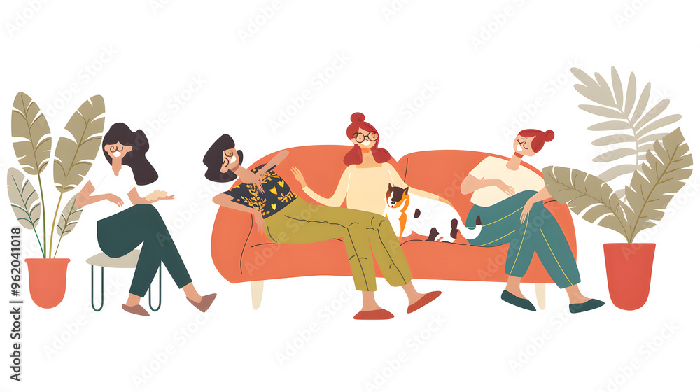 An illustration depicts friends socializing on a cozy sofa with pets in ...