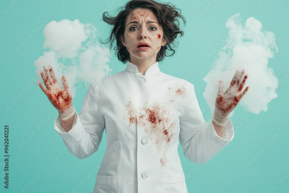 A research laboratory employee, disheveled and shocked, raises her ...