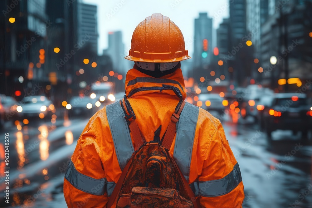 dynamic rear view of construction worker directing traffic ...