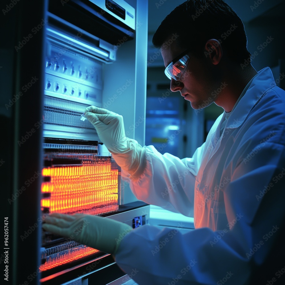 Scientist inserting samples into a high-tech DNA sequencing machine ...