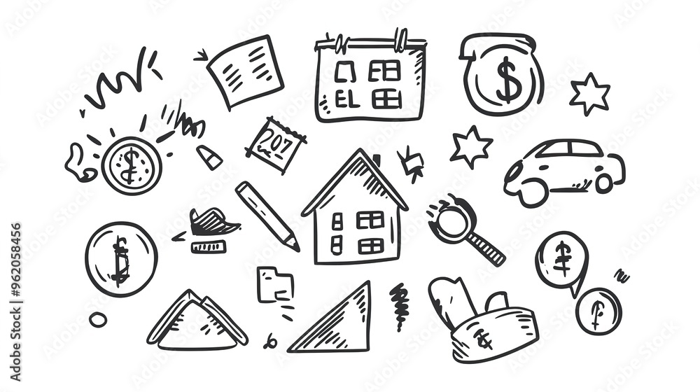 Loan interest rate doodle icon set. Hand drawn sketch doodle line style ...