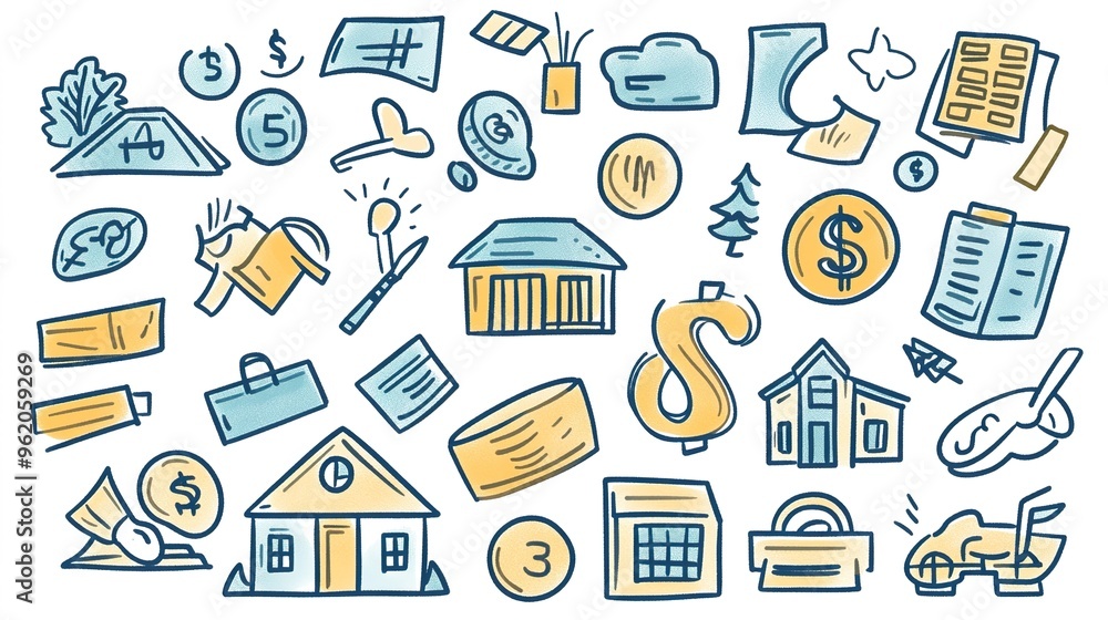 Loan interest rate doodle icon set. Hand drawn sketch doodle line style ...