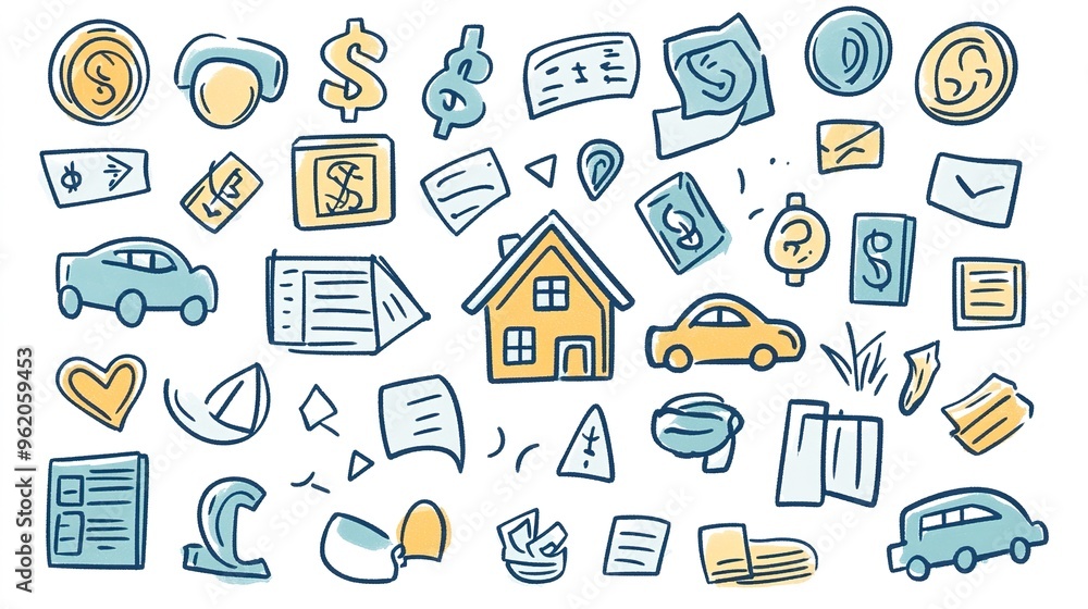 Loan interest rate doodle icon set. Hand drawn sketch doodle line style ...