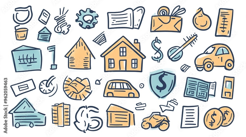 Loan interest rate doodle icon set. Hand drawn sketch doodle line style ...