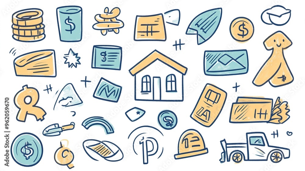 Loan interest rate doodle icon set. Hand drawn sketch doodle line style ...