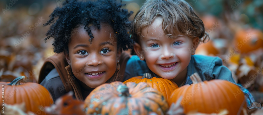 children playing with pumpkins. Diversity of children skin color ...