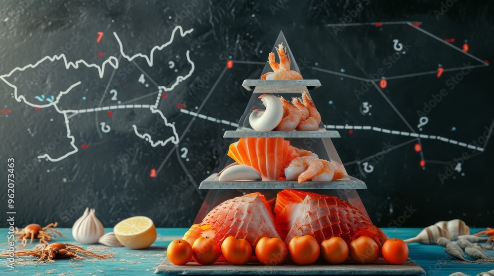 Artistic seafood pyramid featuring shrimp, salmon slices, and tomatoes ...