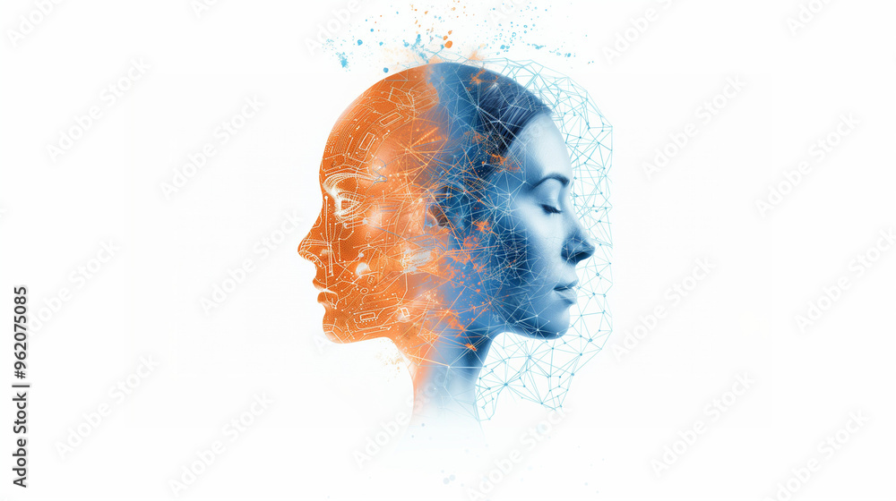 Front profile of face half face is AI powered and half is human Stock ...