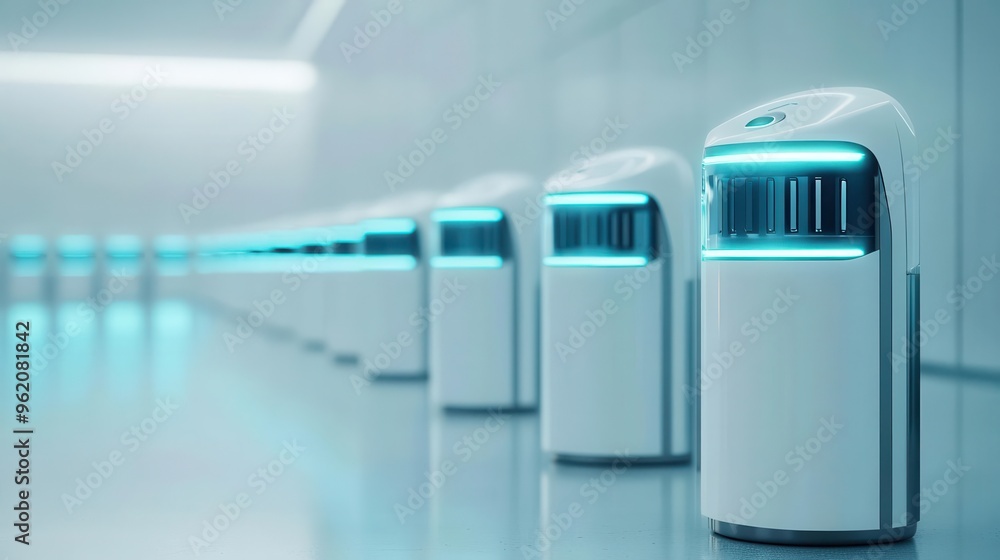 Futuristic security checkpoint with biometric facial recognition scanners for access control ...