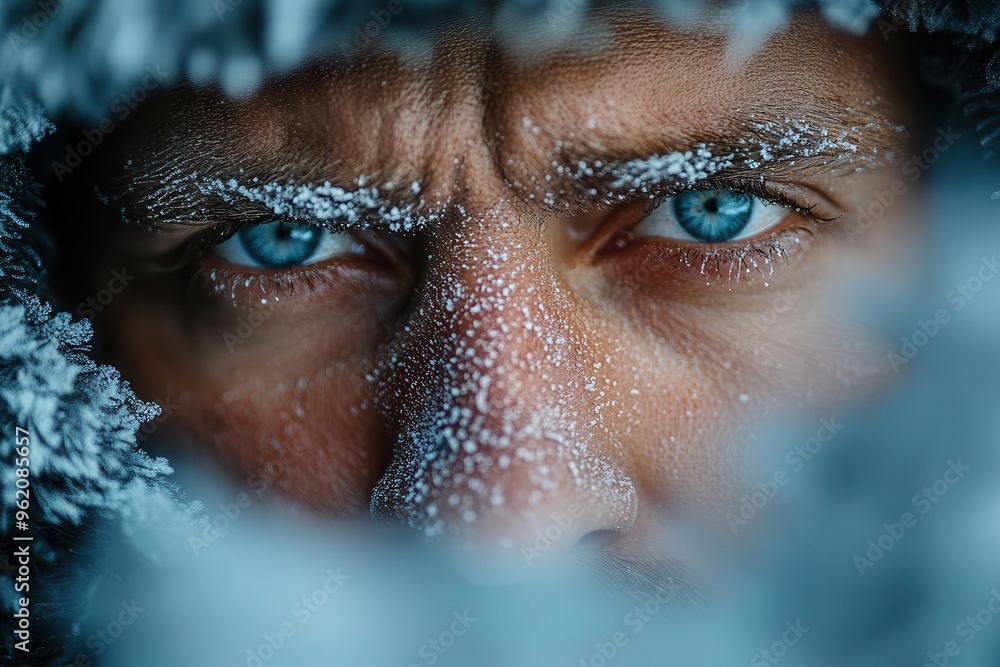 intense closeup of mans face covered in frost crystals piercing eyes ...