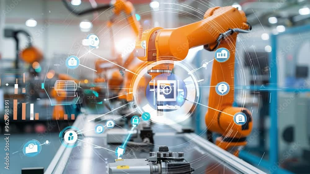 Industrial robot arm working with control panel and digital interface ...