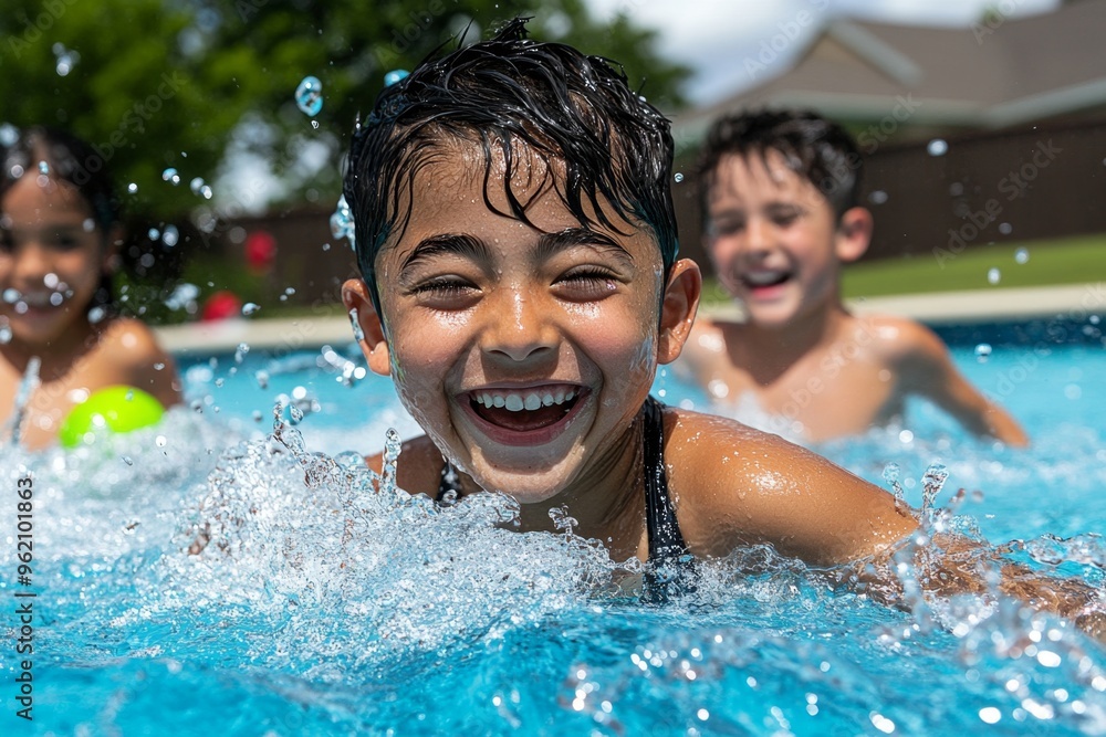 Children in the pool, water games, endless energy race each other, play ...