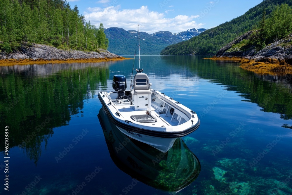 Fishing boat, anchored in the lake, steady and sure creates a stable ...