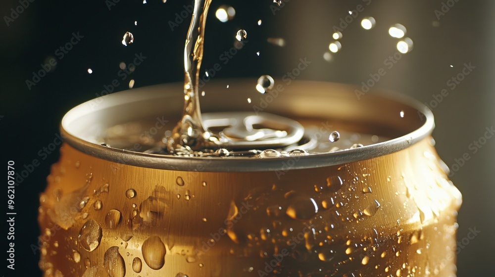 A close-up shot captures the moment a can of beer is opened, freezing ...