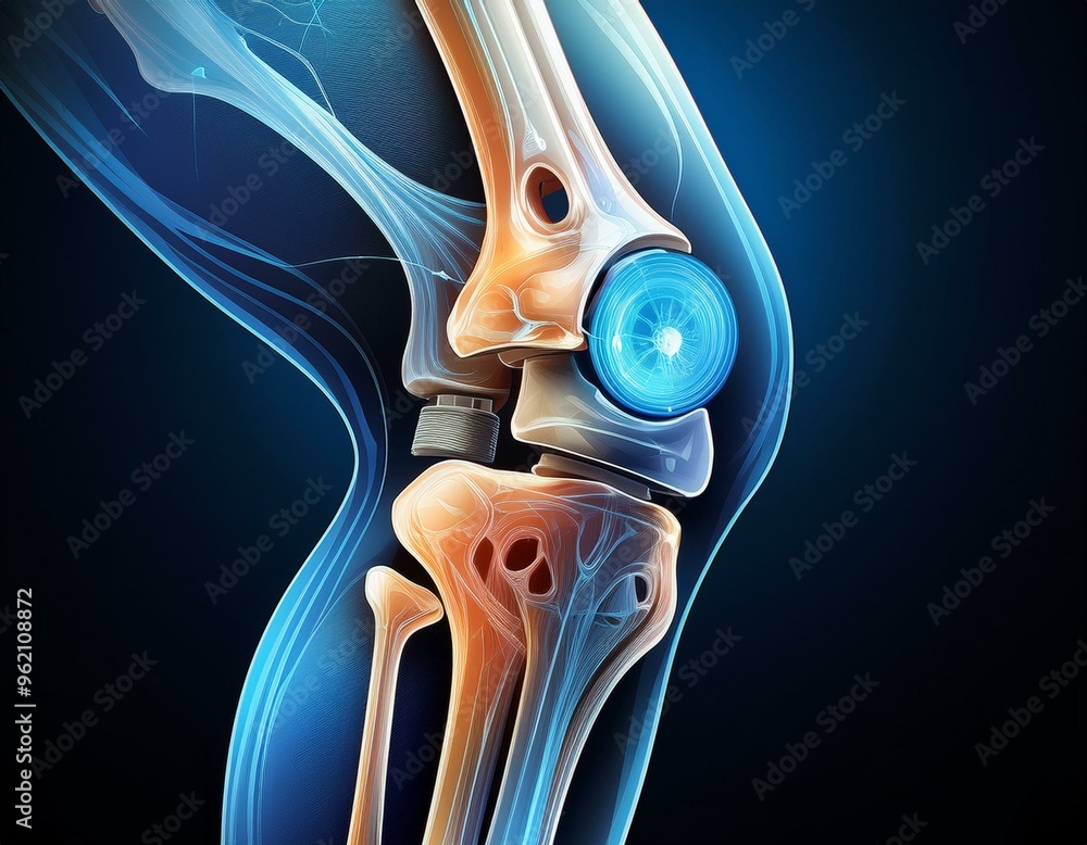 Knee X-ray with knee replacement showing a surgically implanted knee ...