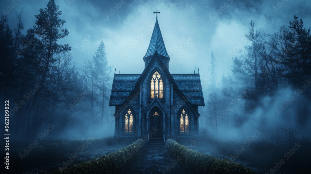 A classic haunted church with soft glow from windows, surrounded by ...