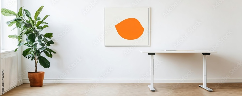 Bright office space with a minimalist standing desk, white walls, and a ...