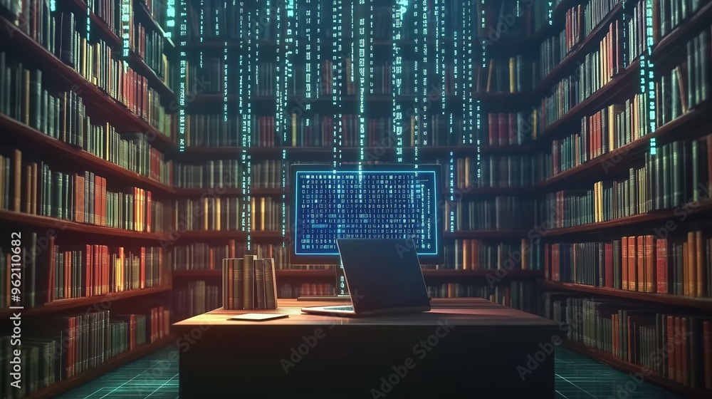 Digital library with books and laptop computer in a futuristic setting, highlighting data ...