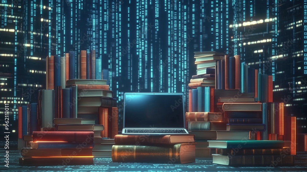 Digital library with books and laptop computer in a futuristic setting, highlighting data ...