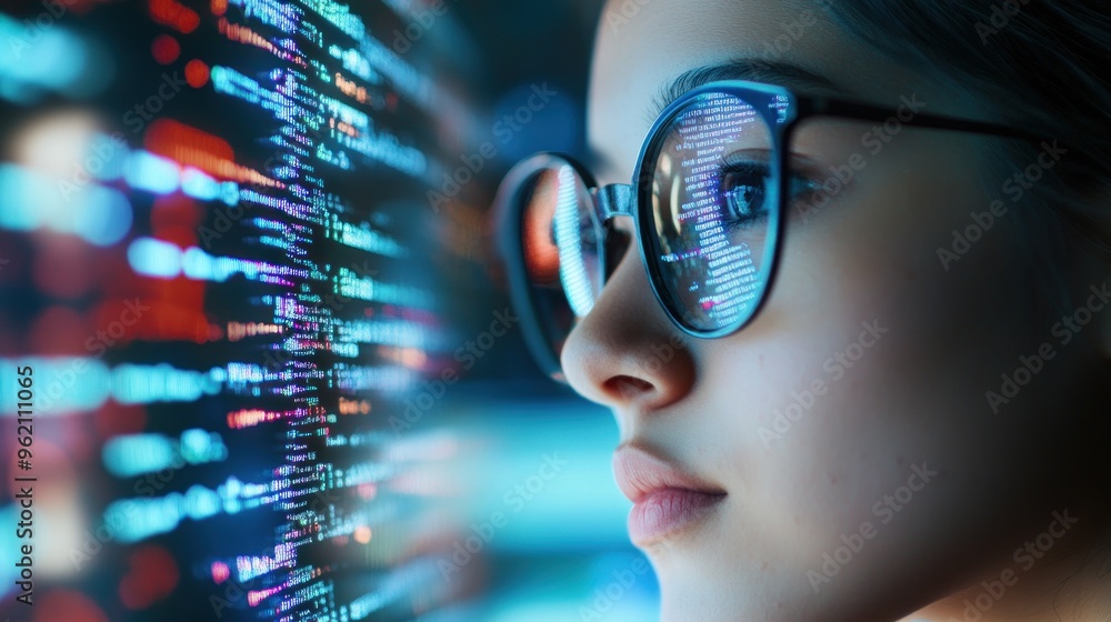 Programming coding and person with focus, hologram and trading with ...