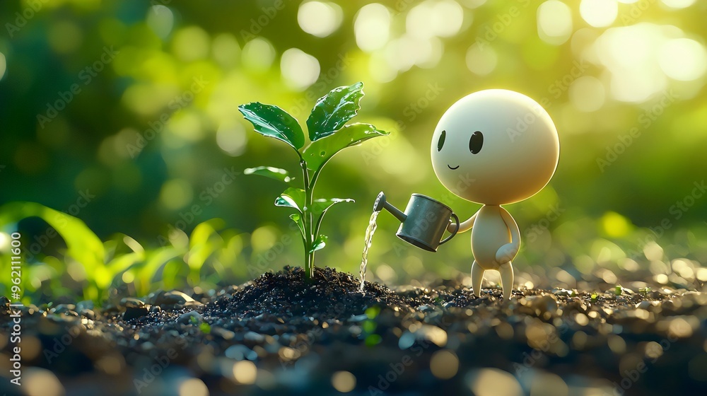 Cute tiny white stick figure watering the tree with a watering can in ...