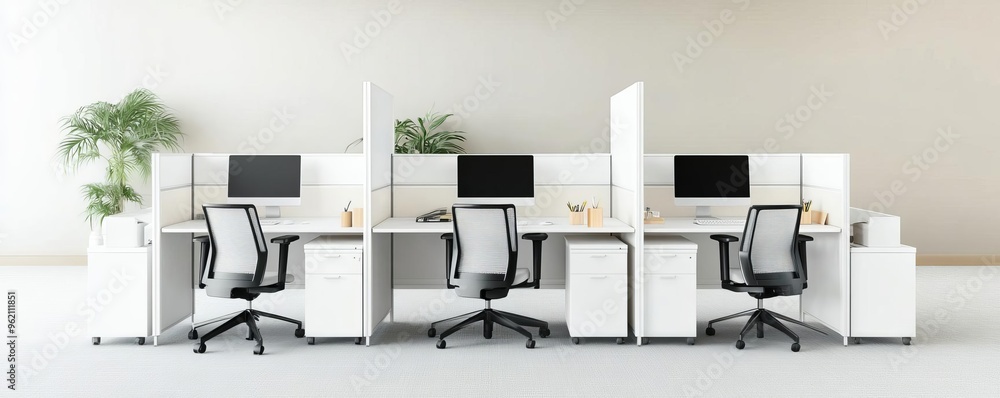 Minimalist cubicle design with white dividers, small desk setup, and ...