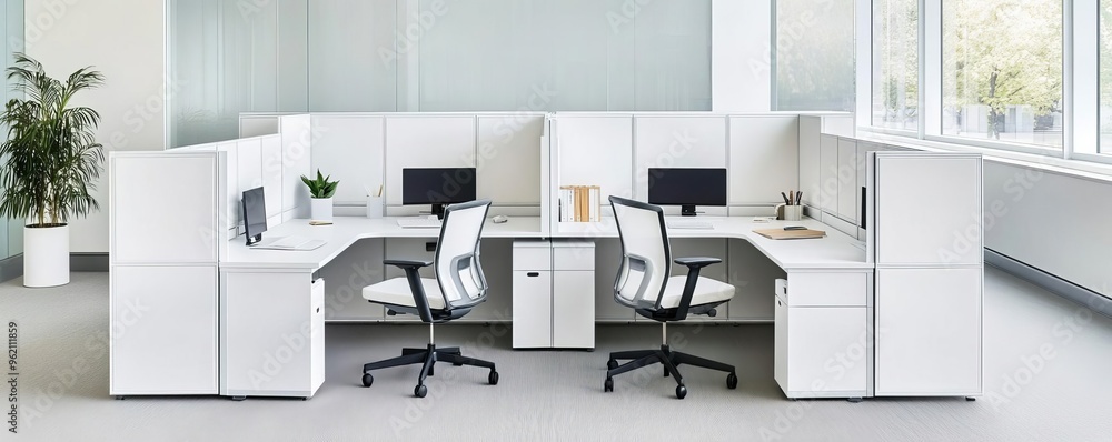 Minimalist cubicle design with white dividers, small desk setup, and ...