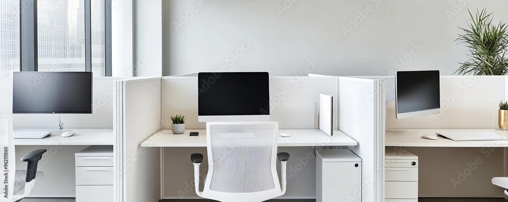 Minimalist cubicle design with white dividers, small desk setup, and ...
