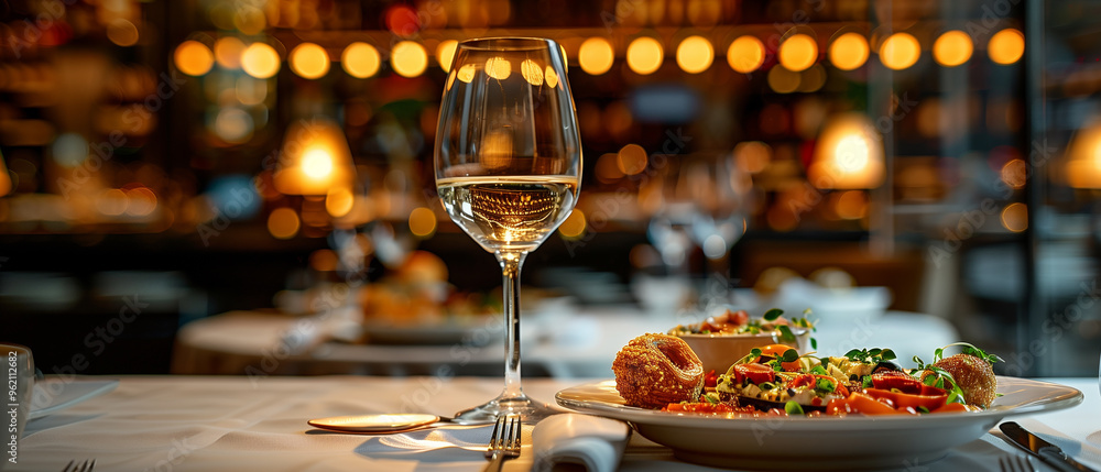 Elegant and select restaurant table Wine Glass and appetizers, on the ...