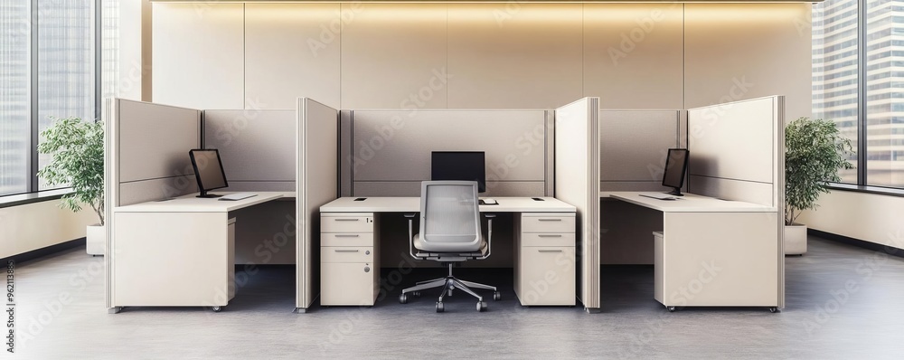 Minimalist office cubicle with clean lines, neutral colors, and ...