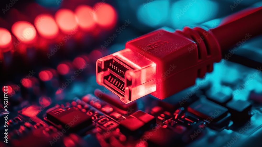 Red Ethernet cable plugged into network switch, symbolizing the ...